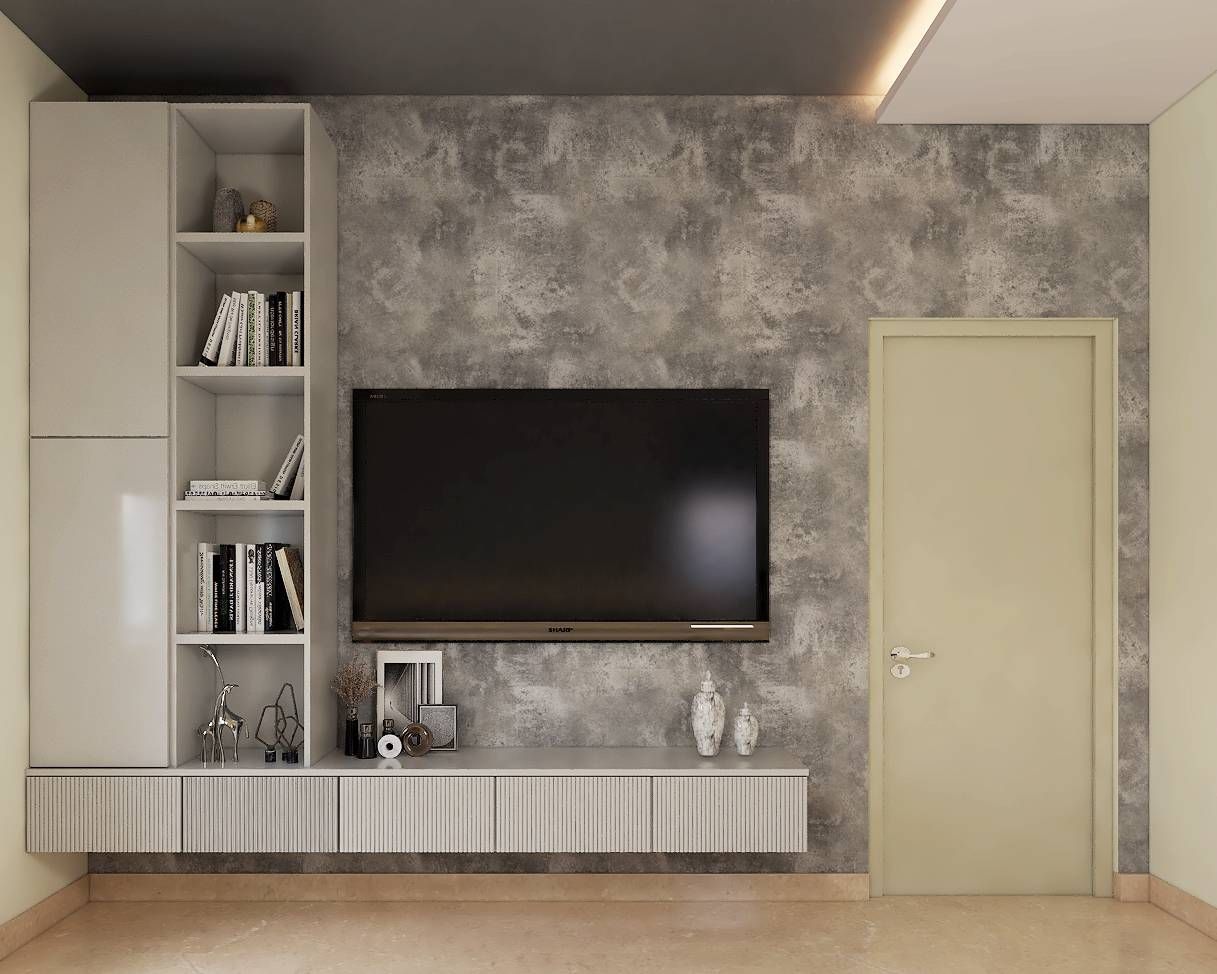 Grey-Themed TV Unit Design With Wall-Mounted Storage Units | Livspace