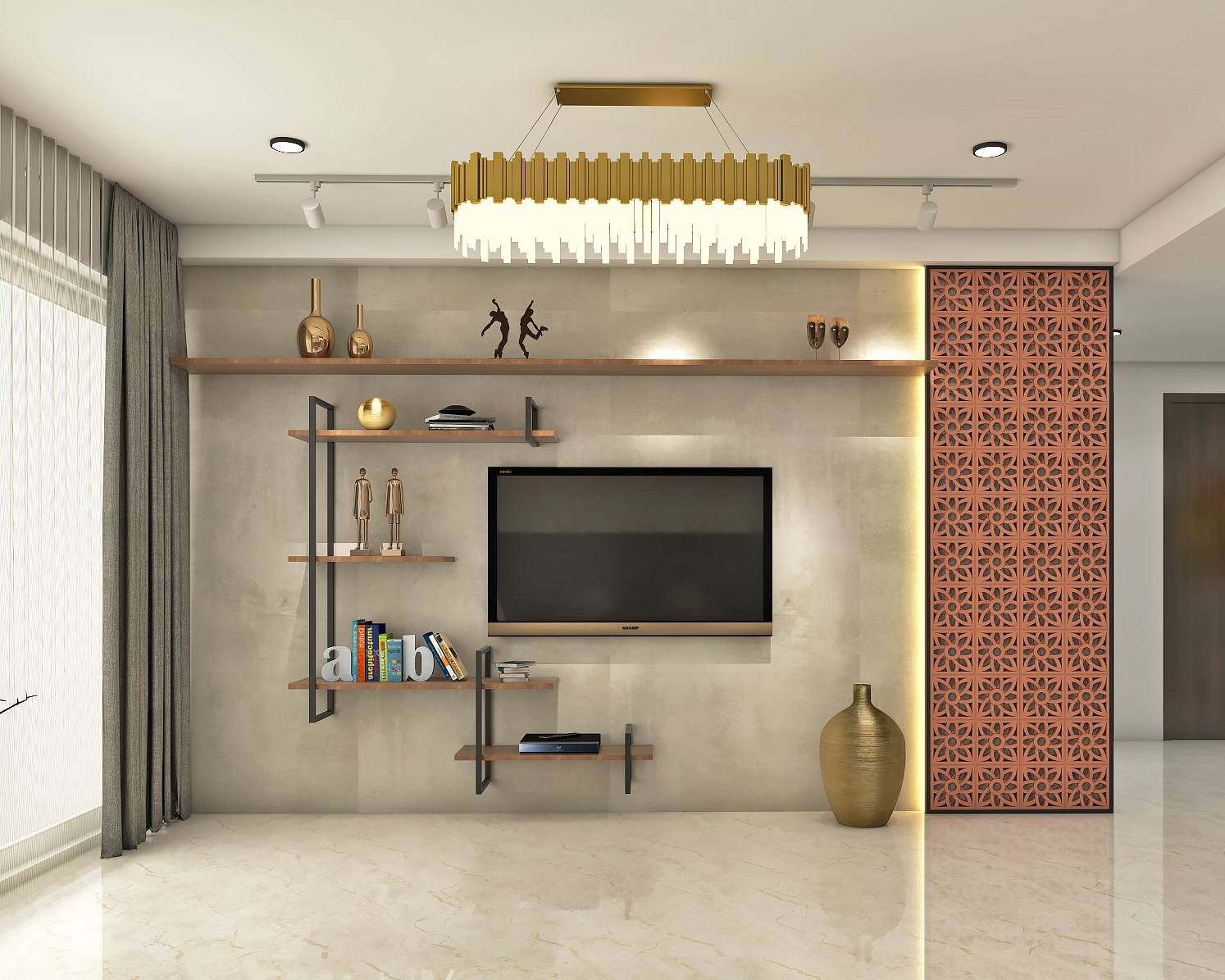 Modern TV Unit Design With Textured Grey Wall And Red Brick Jaali ...