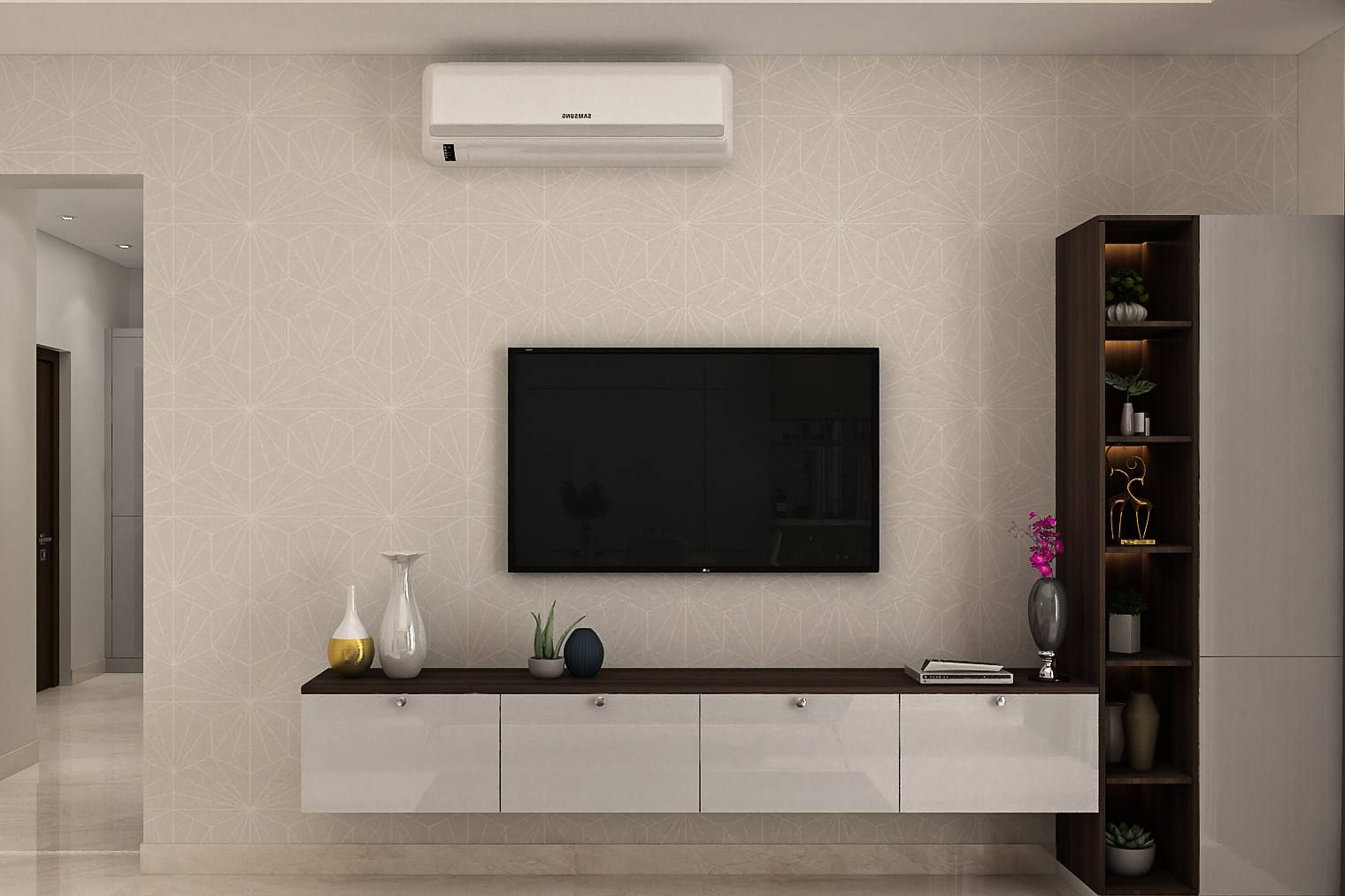 Modern TV Unit Design With Geometric Wallpaper | Livspace