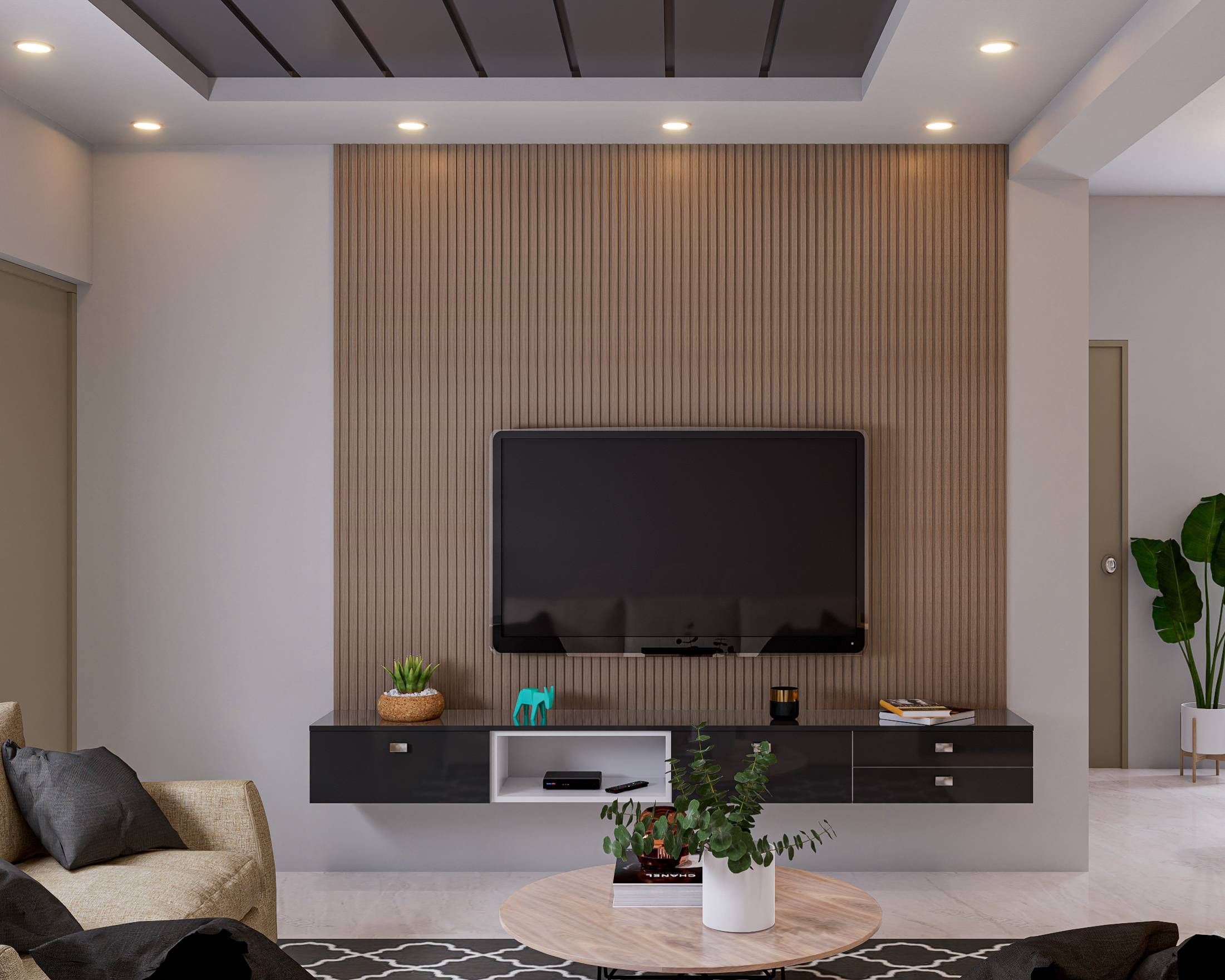Modern Wooden Panelled TV Unit Design | Livspace