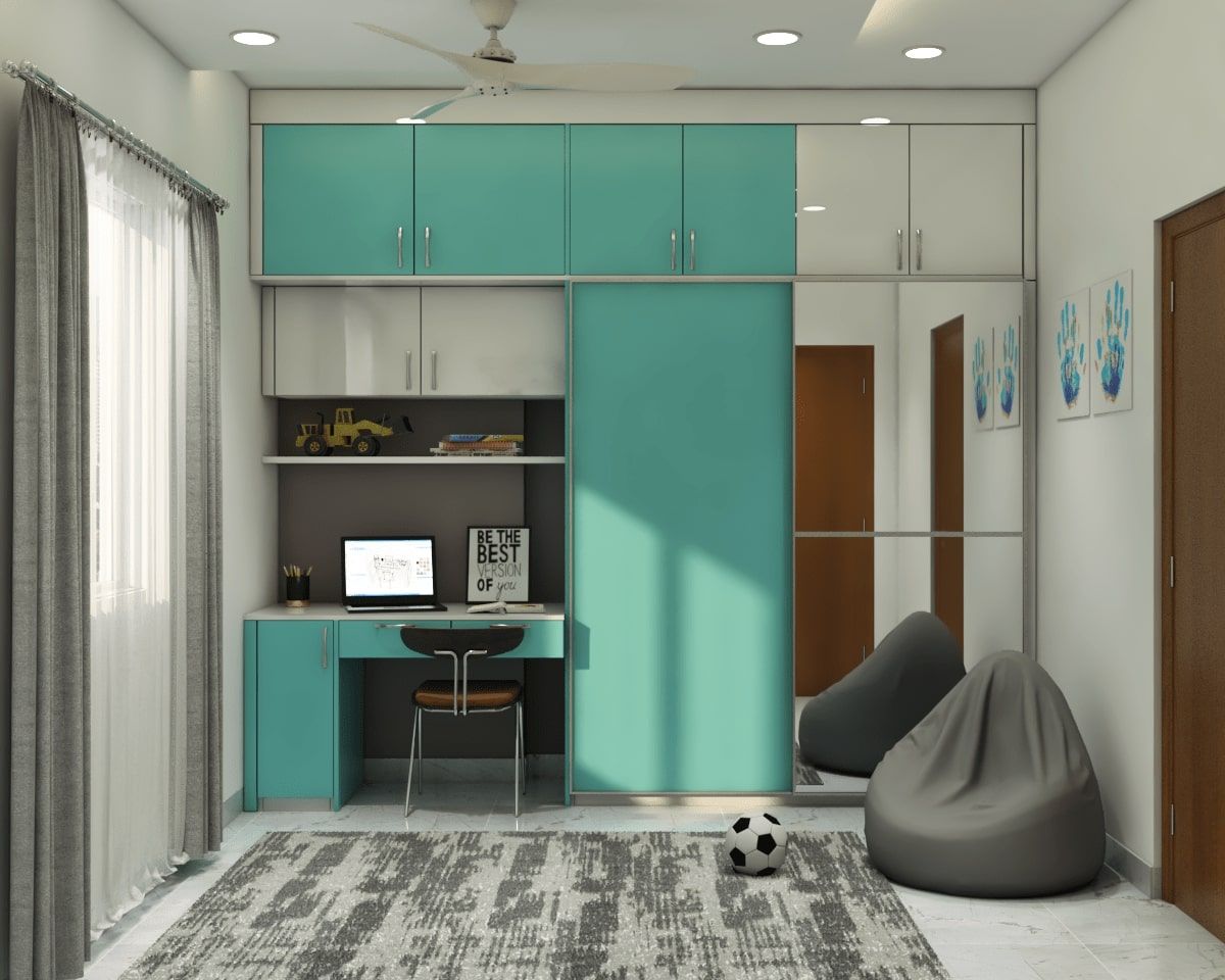 Modern Cyan Wardrobe Design With Study And Dresser | Livspace