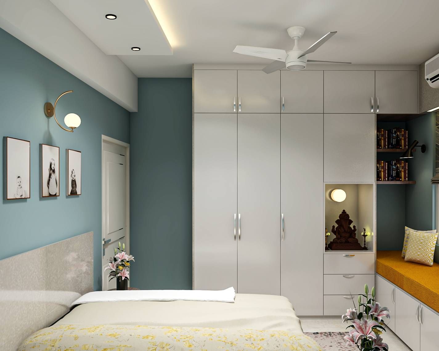 Spacious White Wardrobe Design With Pooja Unit | Livspace