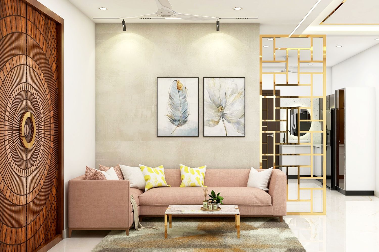 Living Room Design With L-Shaped Peach Sofa - 14x13 Ft | Livspace