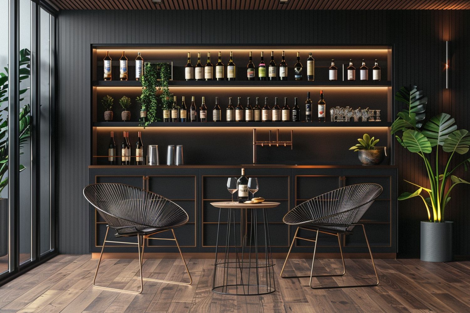 Sleek Modern Home Bar Design with Open Shelves And Base Cabinets with ...
