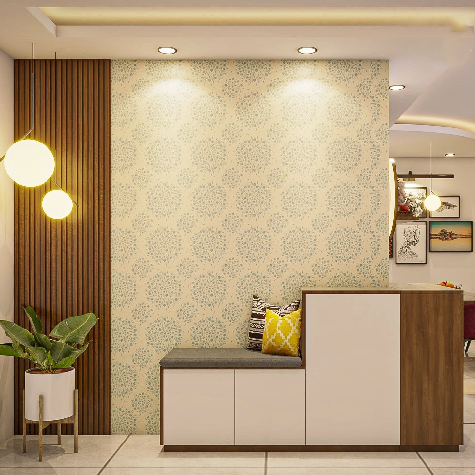 Wooden Panelling Modern Spacious Foyer Design Idea with Seat | Livspace