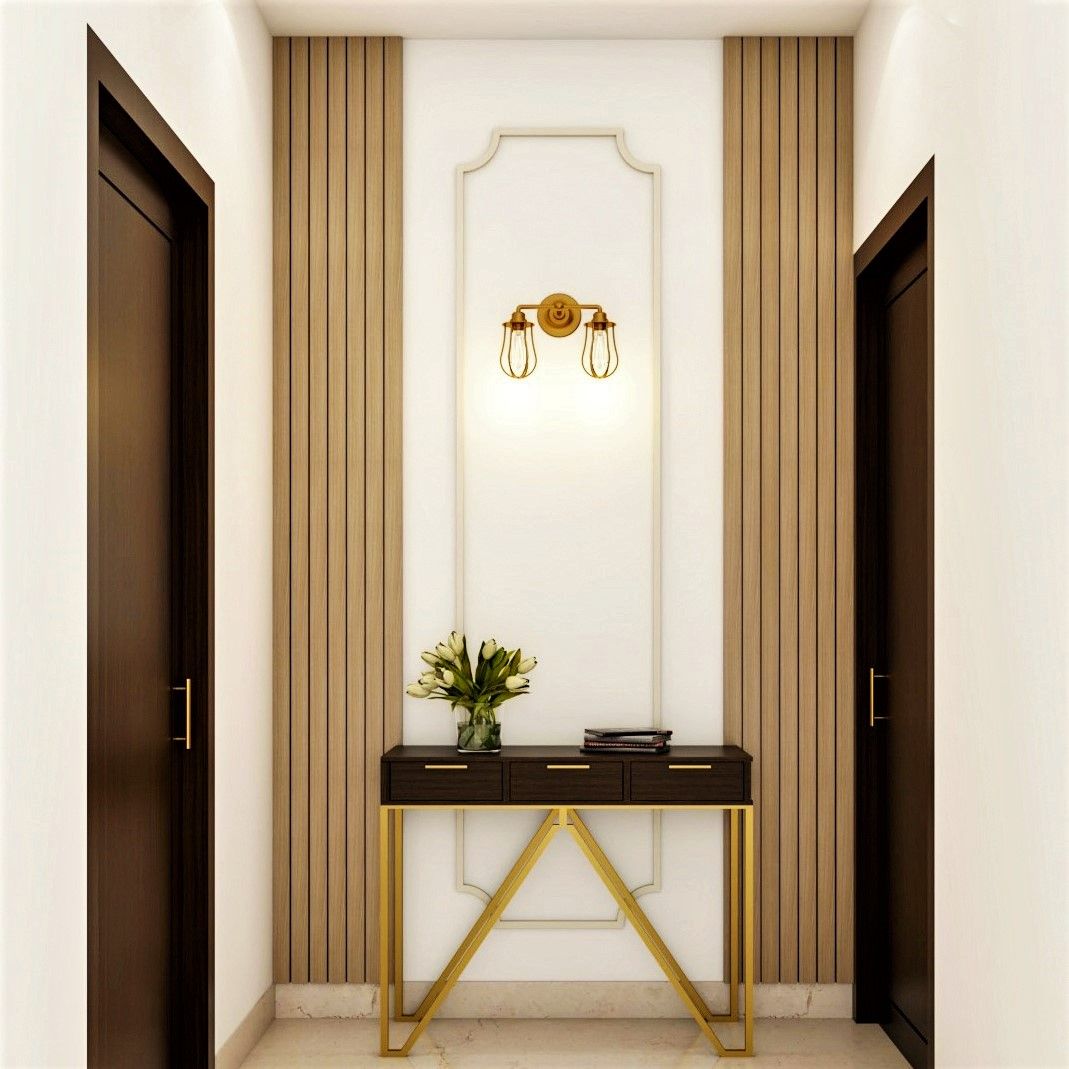 Contemporary Foyer With Wooden Paneling and White Trims | Livspace