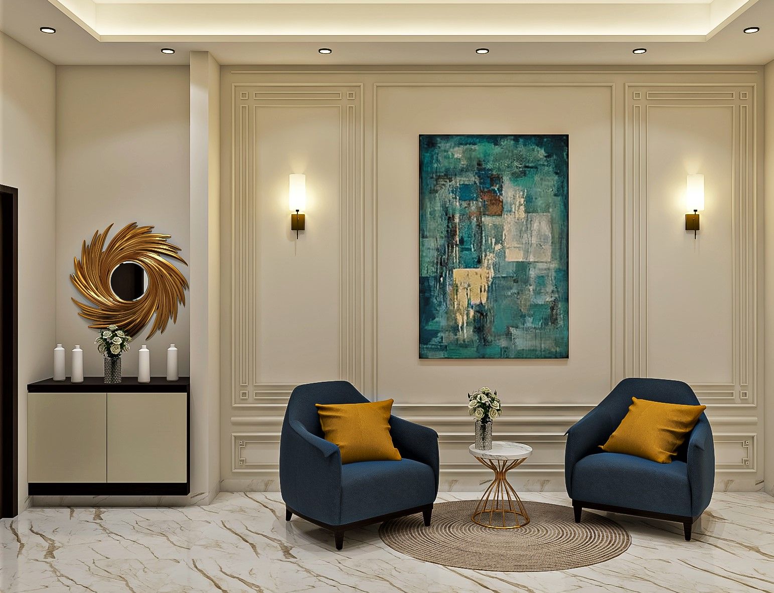 Classic Foyer with Accent Chairs and a Golden Coffee Table | Livspace