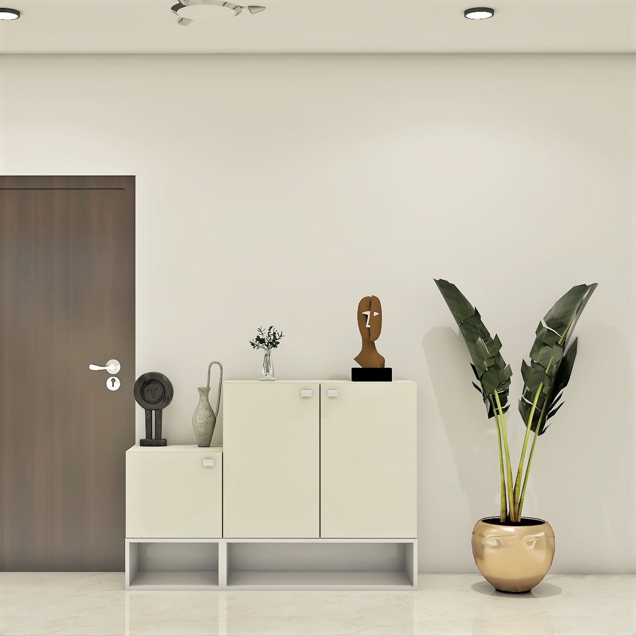 Compact Foyer Design with Neutral-Toned Cabinet and Golden Planter ...