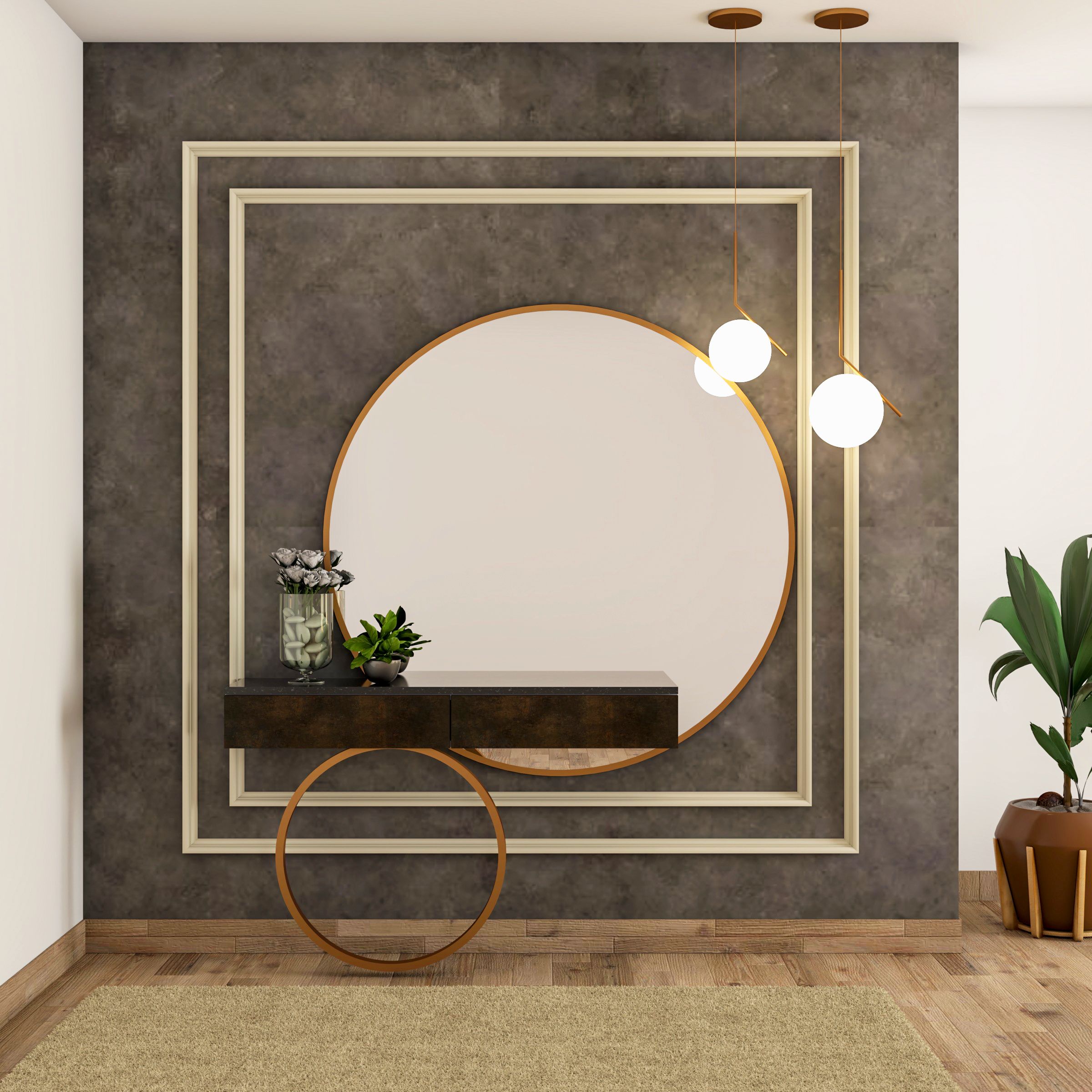 Dark Shaded Foyer with White Trims and Large Circular Mirror | Livspace