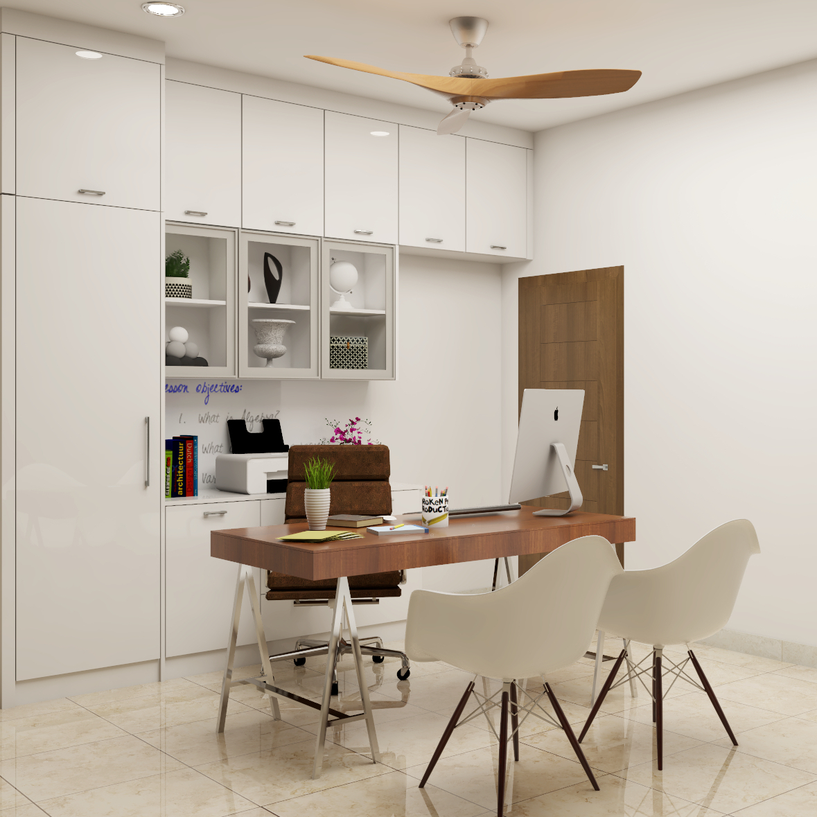 Spacious Home Office with Wood and Metal Desk and Glass Display | Livspace