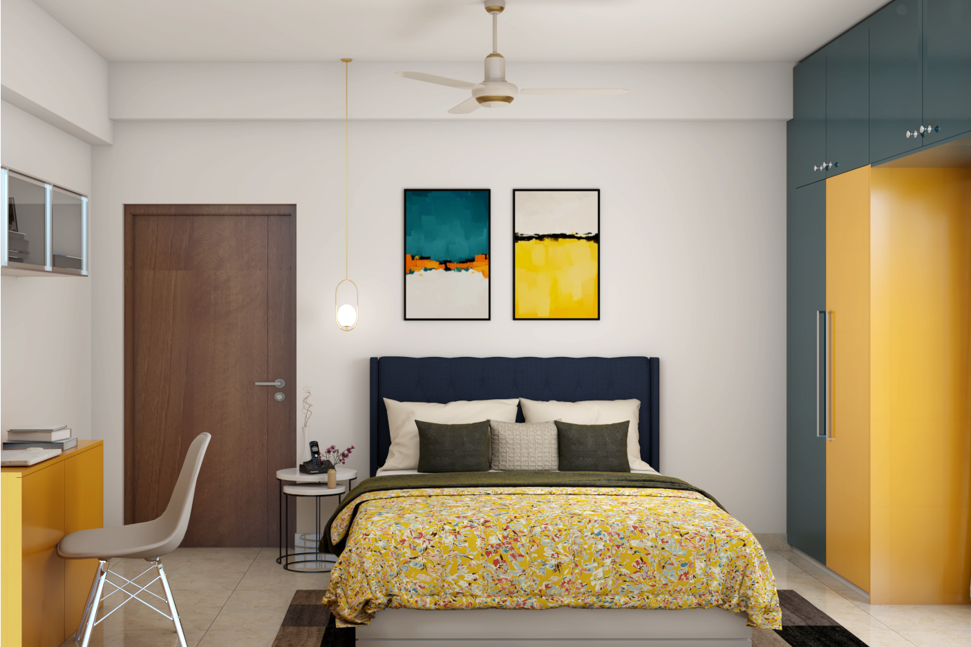Spacious Bedroom Design With Blue Wardrobe And Yellow Study Table ...