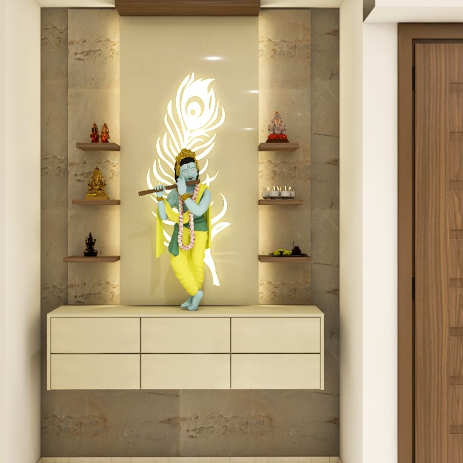 Modern Spacious Pooja Room Design with Peacock Feather Backlight | Livspace