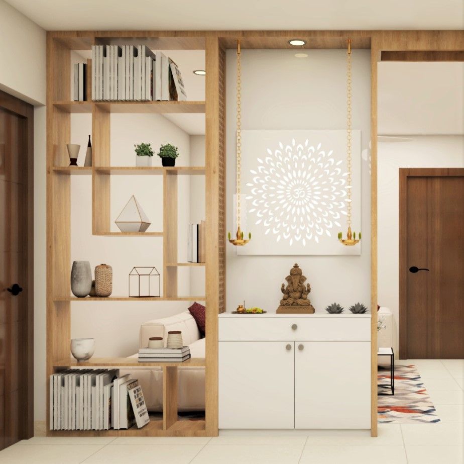 Modern Pooja Room with Wooden Frames and Cabinet Storage | Livspace