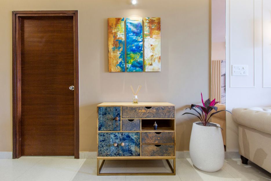 Beige, Blue, And Brown Foyer Design | Livspace