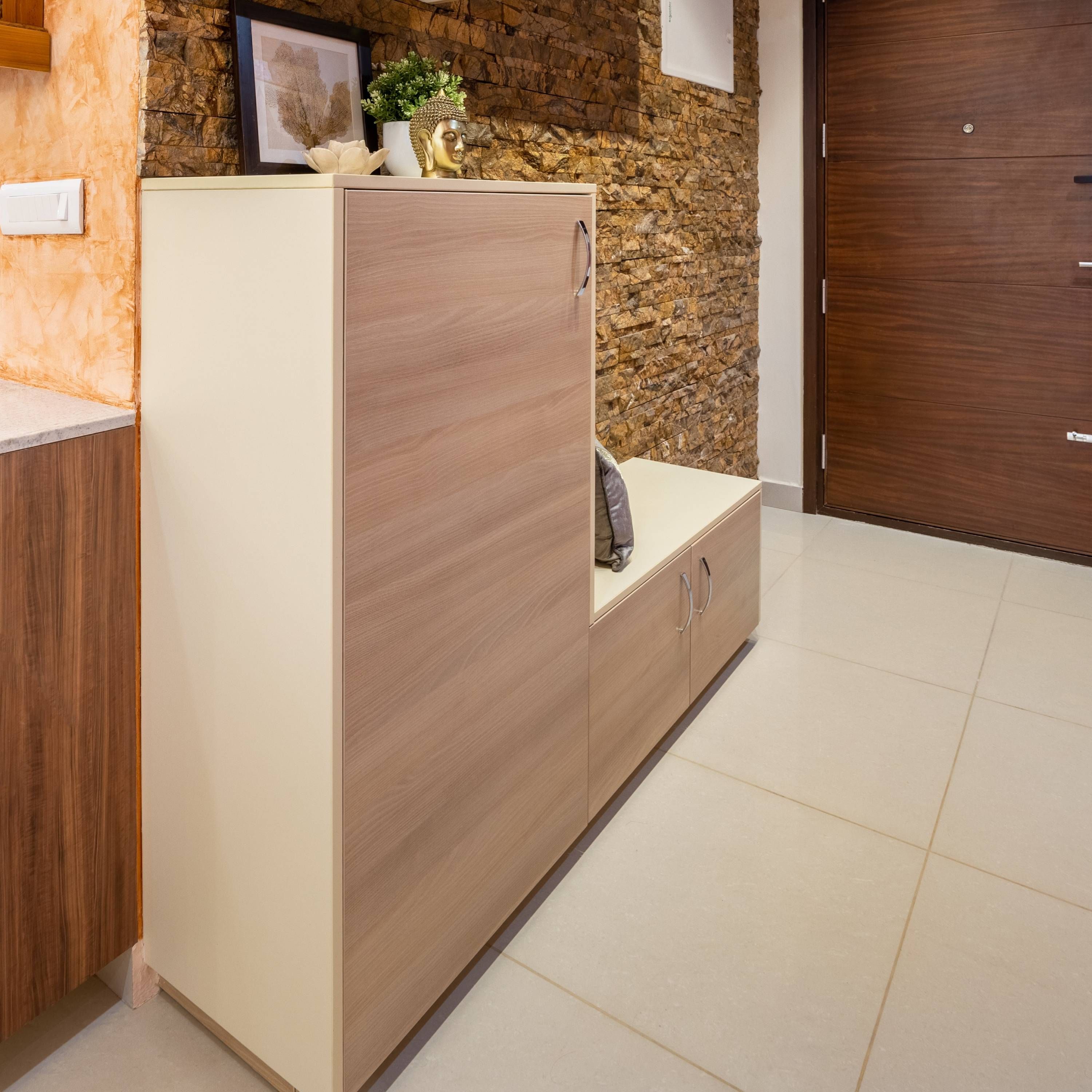 Contemporary Foyer Design With Storage Unit And Seating | Livspace