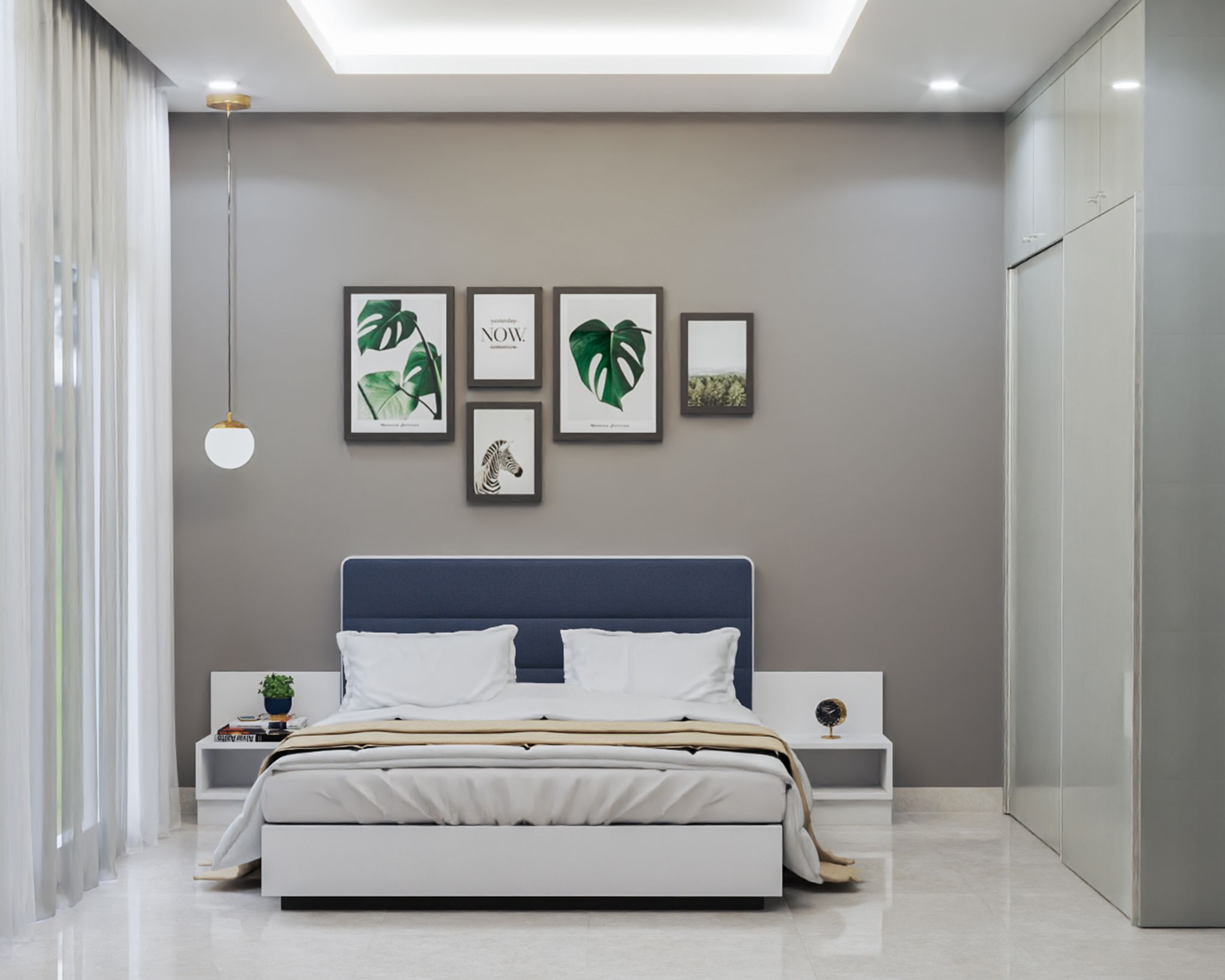 Spacious Guest Room Design With Grey Wall And Photo Frames | Livspace