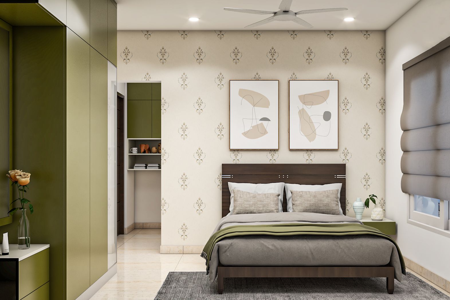 Spacious Guest Bedroom Design With Patterned Wallpaper | Livspace
