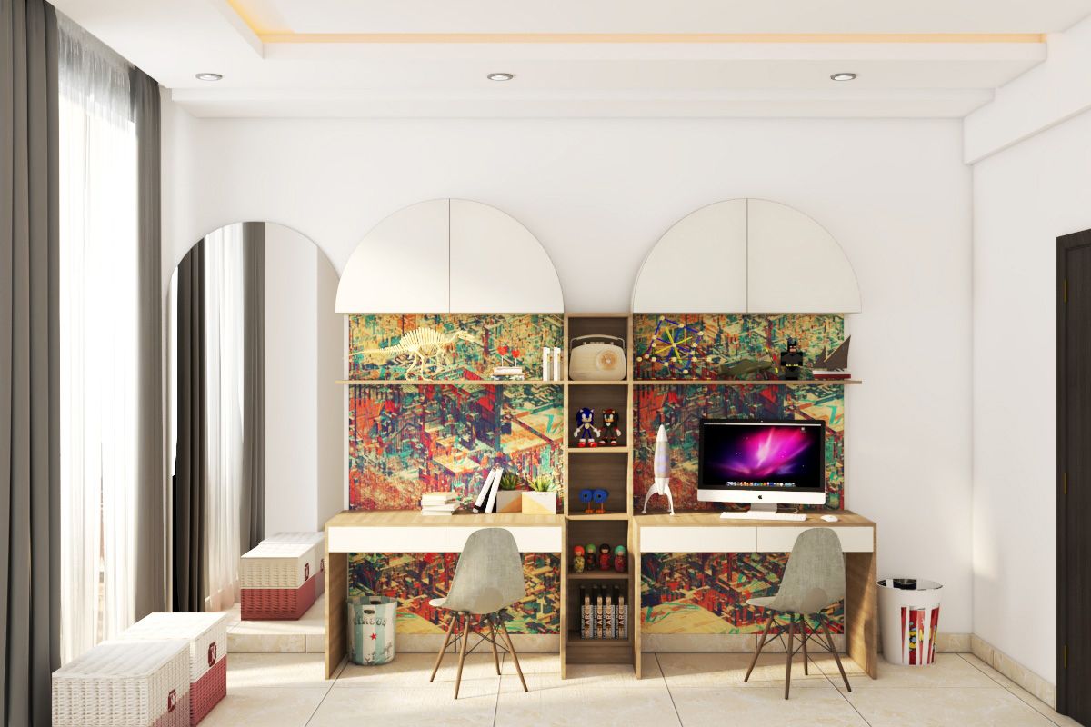 Study Room Design With Colourful Wallpaper | Livspace
