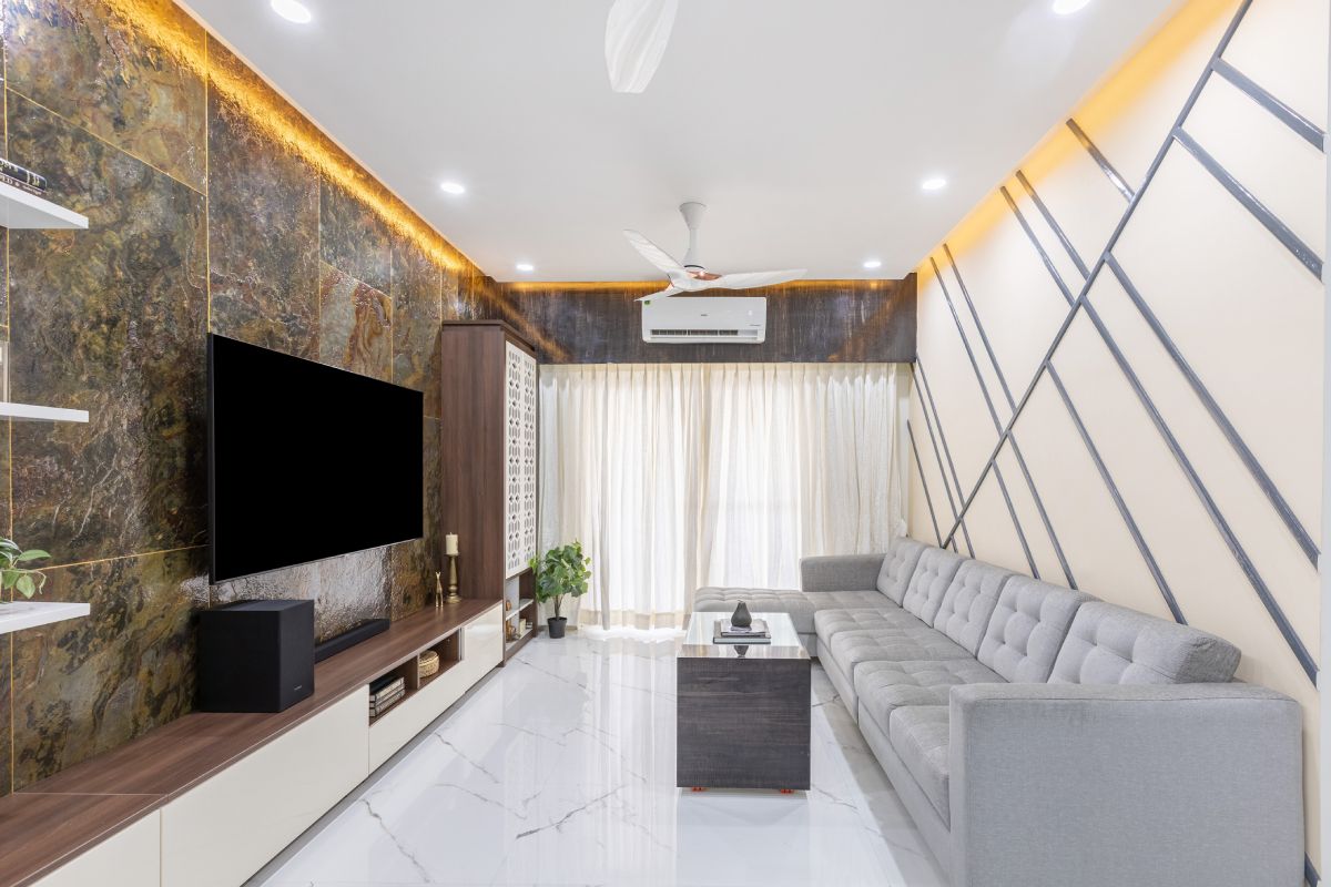 Compact Drawing Room Design With Floor-Mounted Storage | Livspace