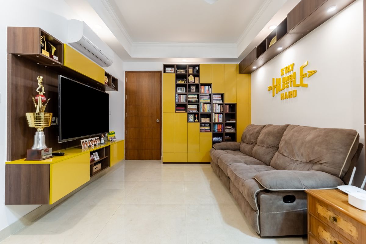 Compact Drawing Room Design With A Wall-Mounted TV Unit | Livspace