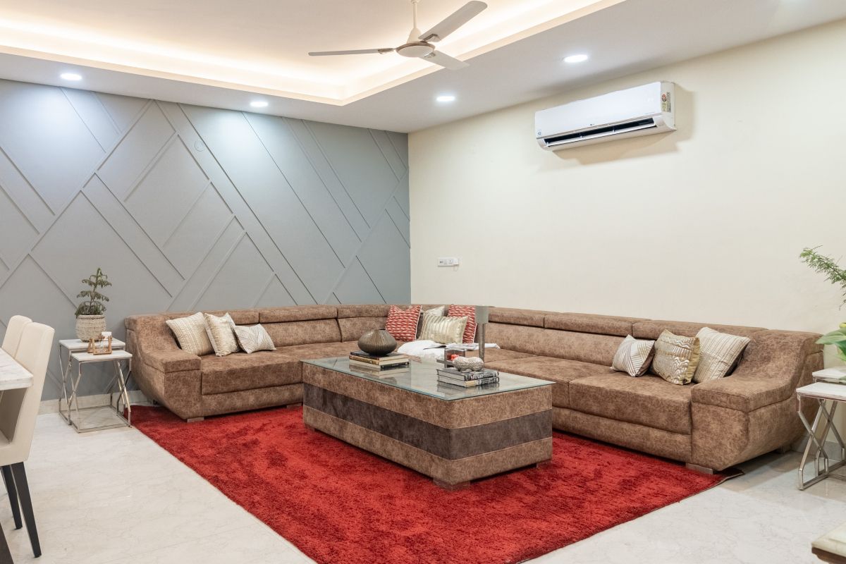 Living Room Design With A Red Floor Rug | Livspace