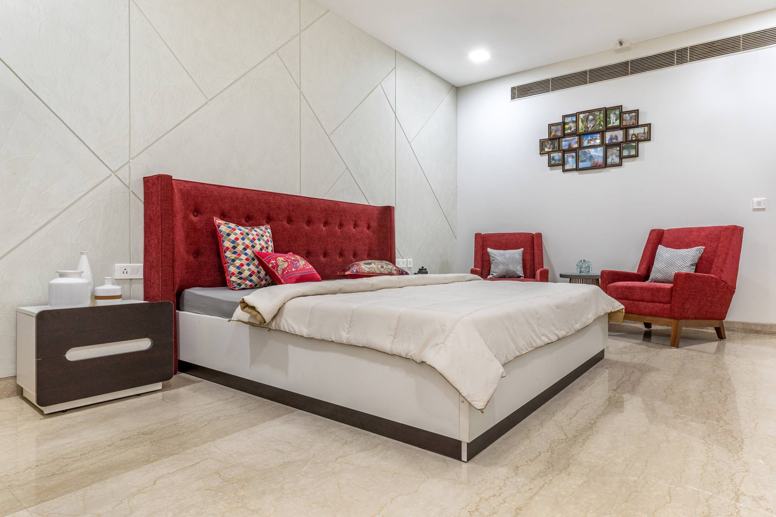 Spacious Bedroom Design With Dark Wooden Bedside Storage | Livspace