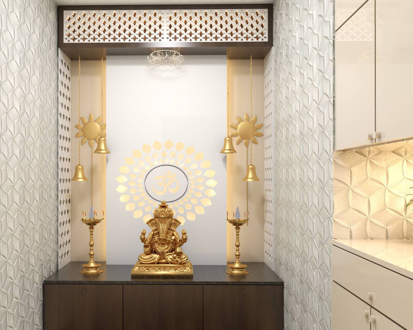 Pooja Mandir Design With A Geometric Wallpaper | Livspace