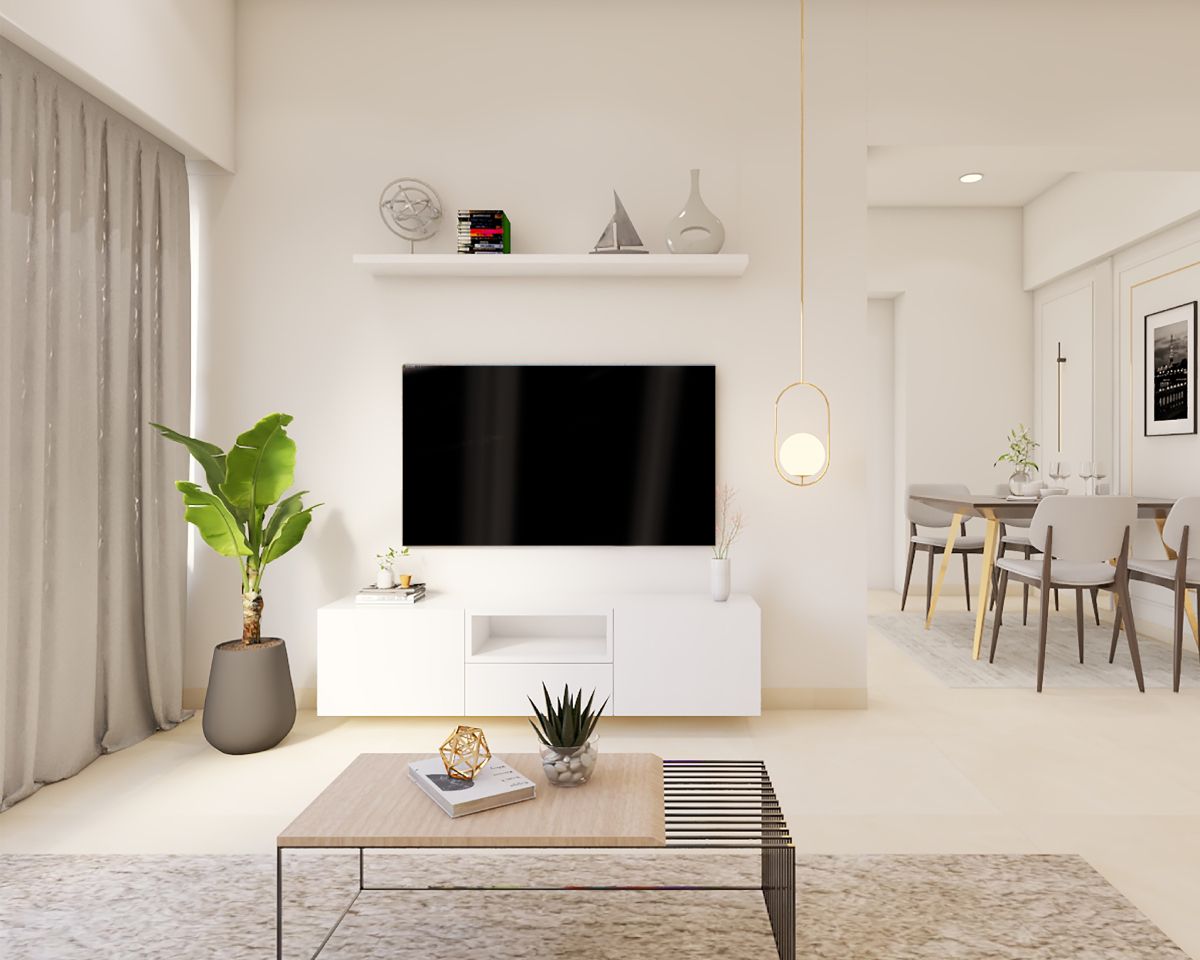 Compact TV Unit Design With White Console Table And Overhead Shelves ...