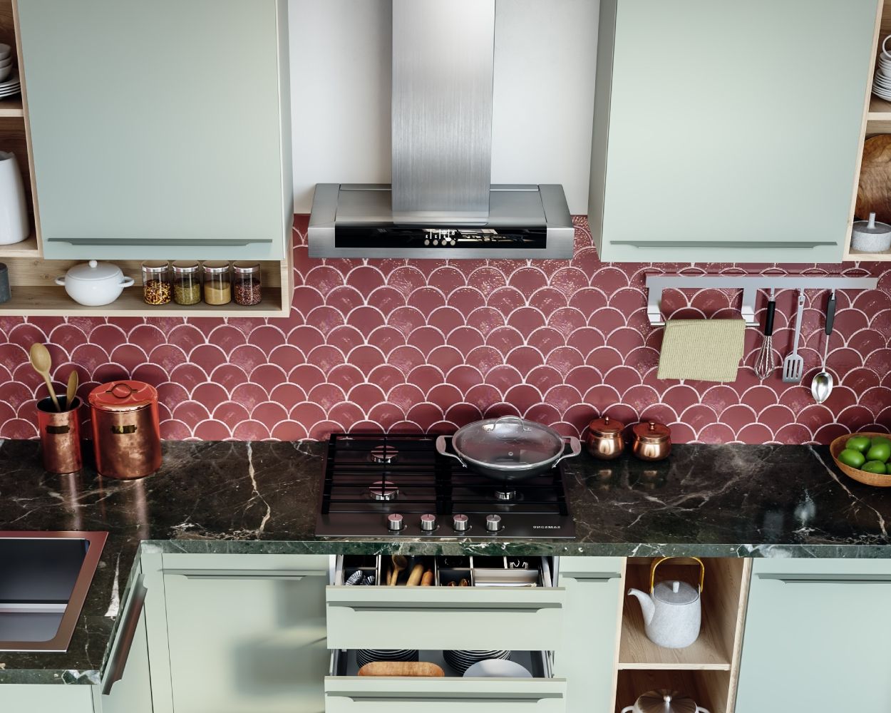 Ceramic Art Deco Fishtail Maroon Kitchen Tile Design | Livspace