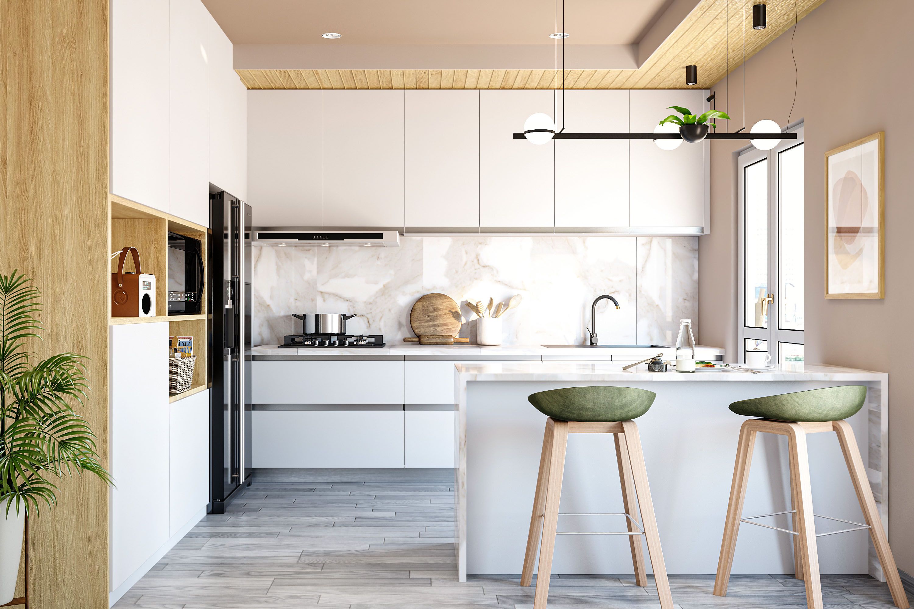 L-Shape Wooden Rafters Kitchen False Ceiling Design | Livspace