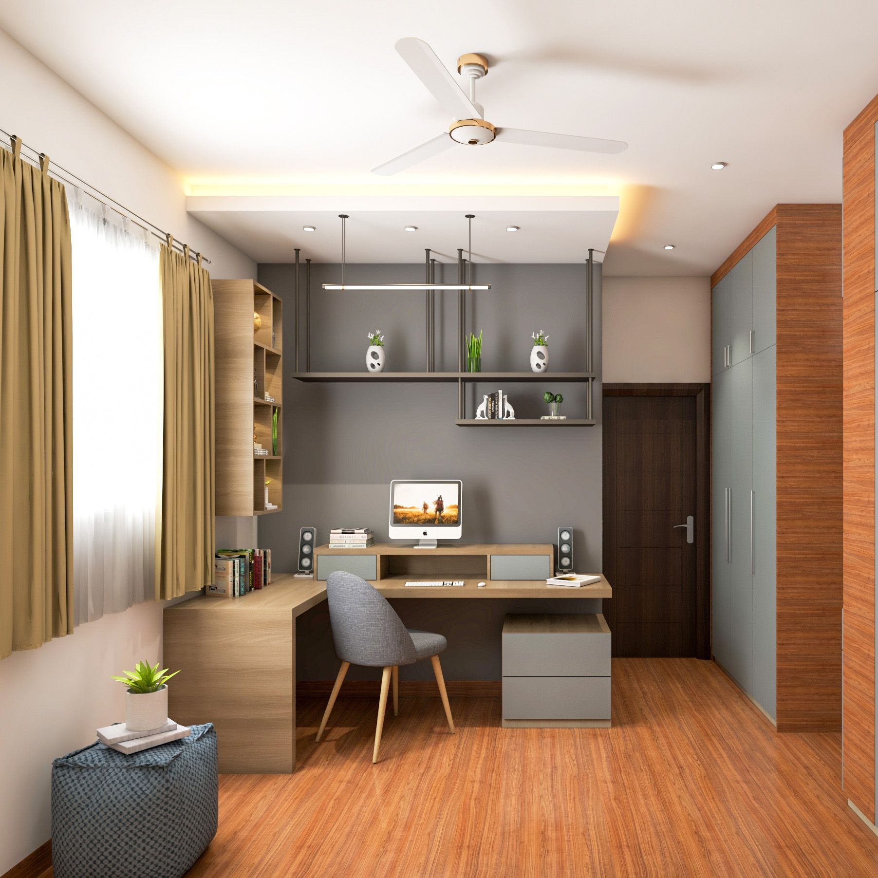 Rectangular Light Brown Home Office Flooring Design | Livspace