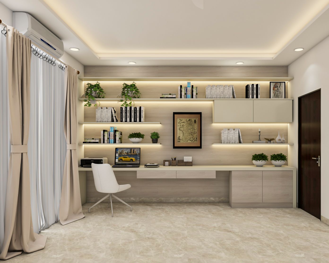 Cream-Toned Square Home Office Flooring Design | Livspace