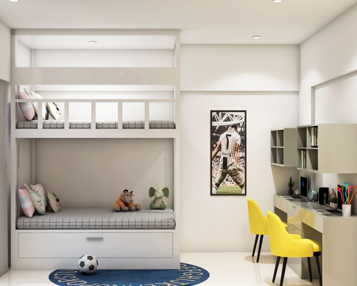 White Space-Saving Beds With Beige Study Table And Yellow Chairs | Livspace