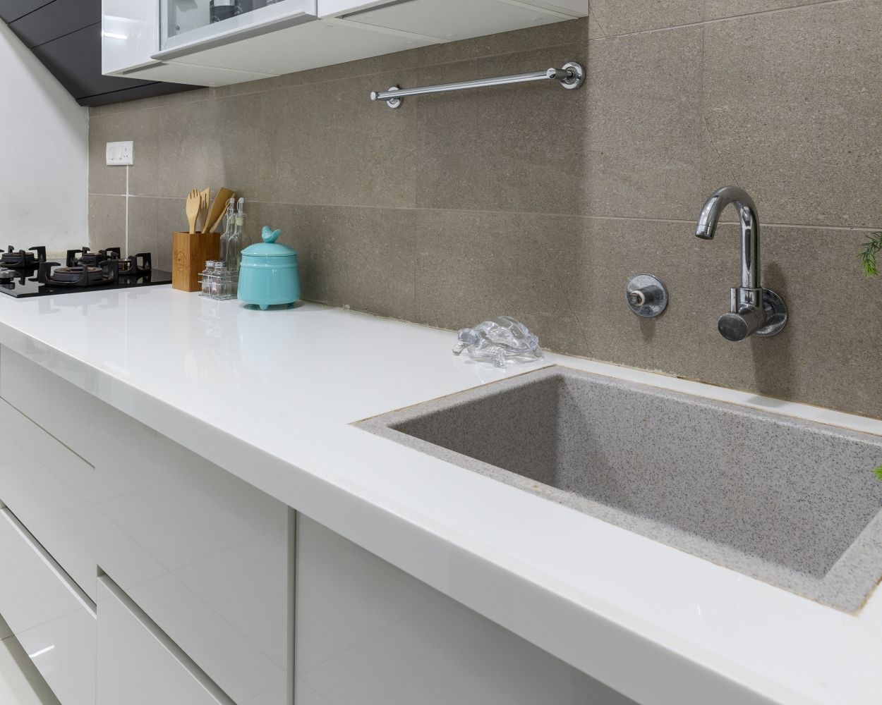 Single Bowl Minimal Top Mount Quartz Kitchen Sink In Grey | Livspace