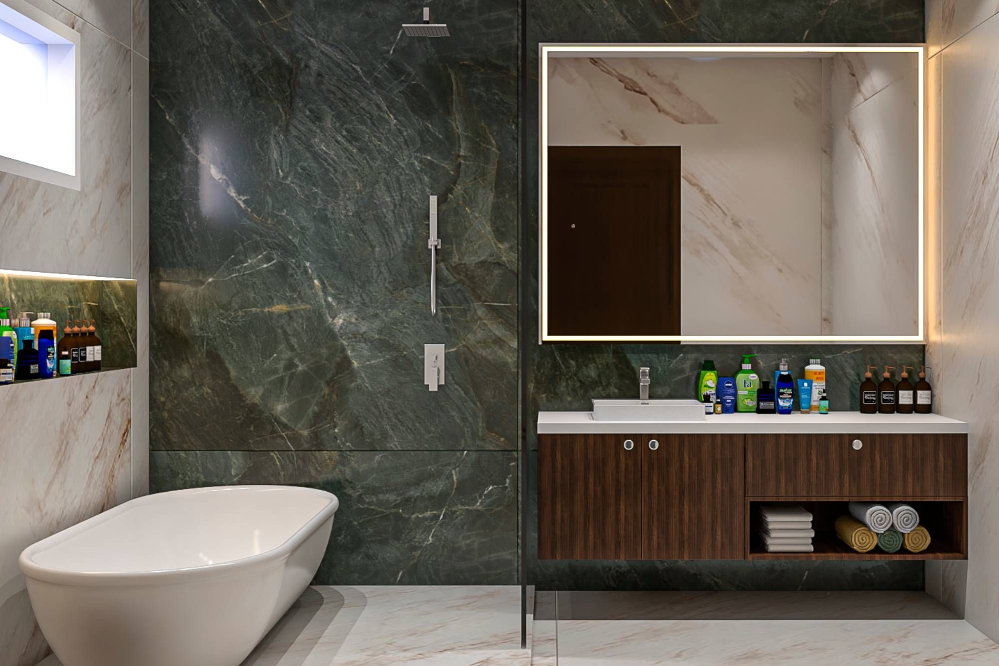 Textured Marble Modern Bathroom with Ample Storage | Livspace