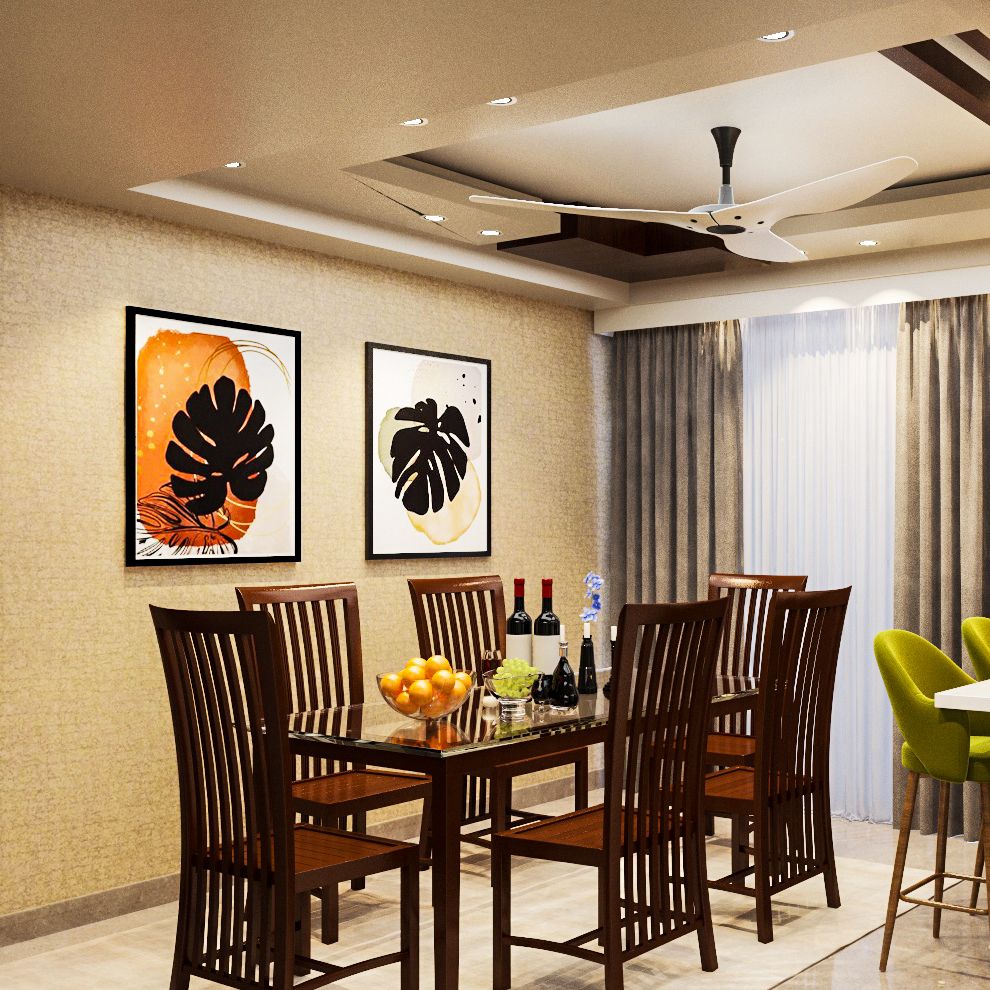 Compact Dining Hall Design With Wooden Table And Chairs | Livspace