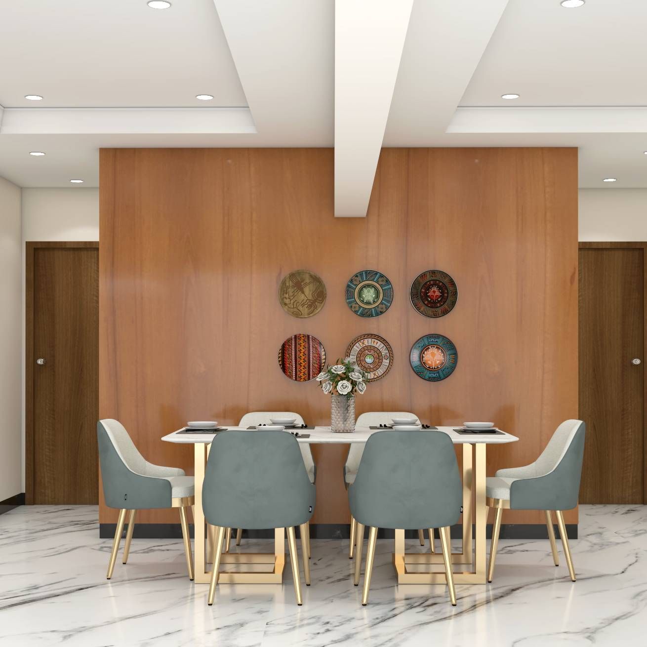 Spacious 6-Seater Dining Room with White Marble Details | Livspace