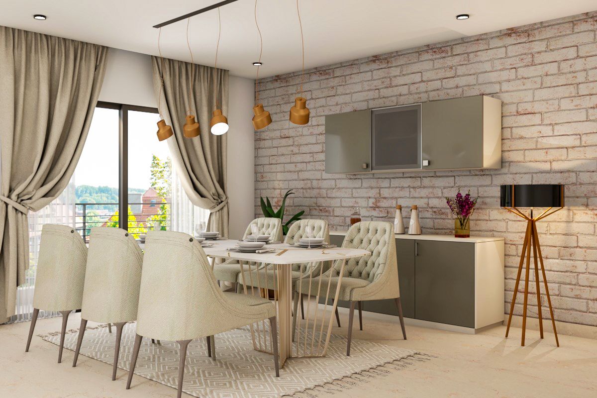 6-Seater Dining Room Design With A Grey Storage Unit | Livspace