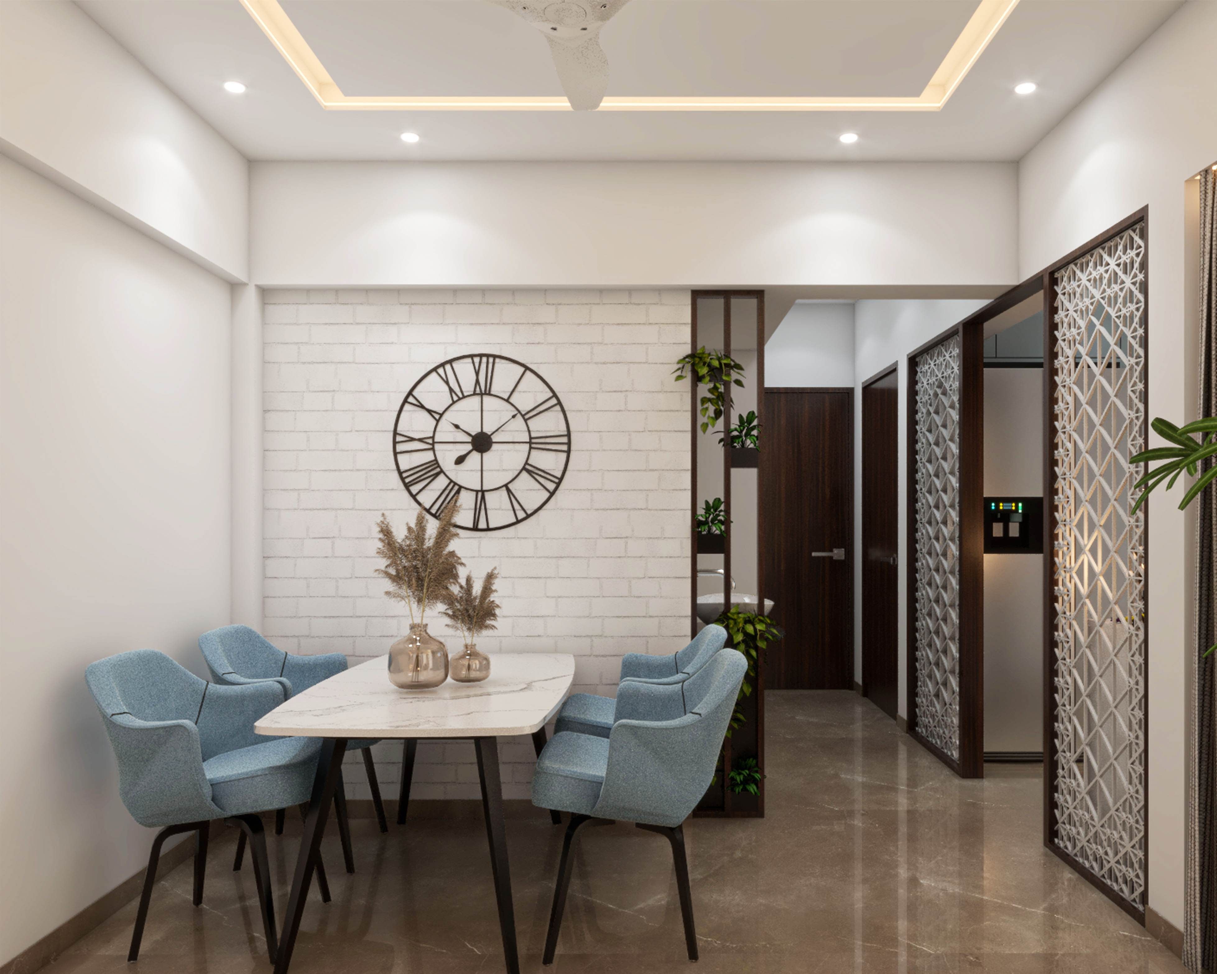 Compact Dining Hall Design With Blue Upholstered Chairs | Livspace