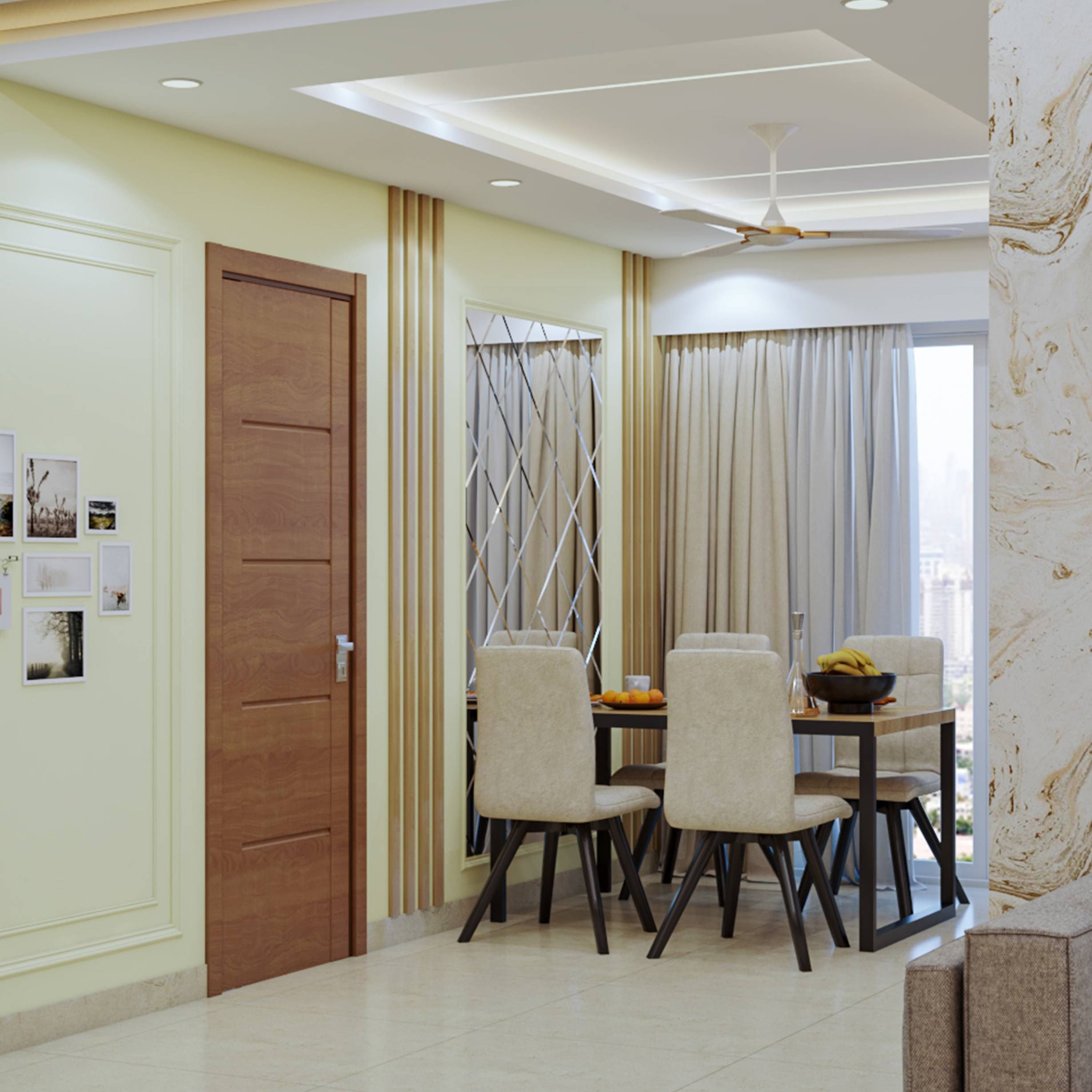 Compact Dining Hall Design With Mirror Panelling | Livspace