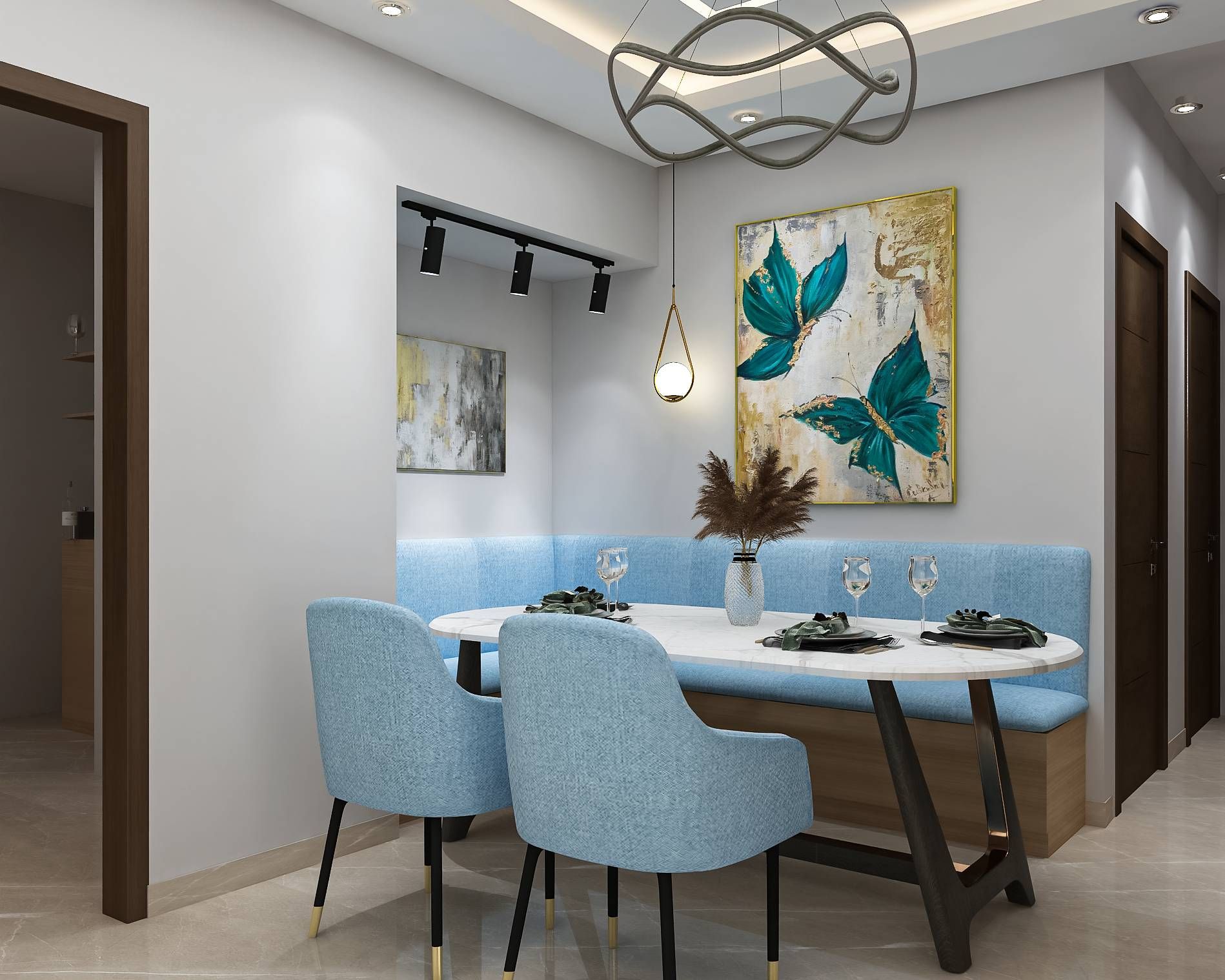 Compact Dining Room Design With Blue Chairs | Livspace