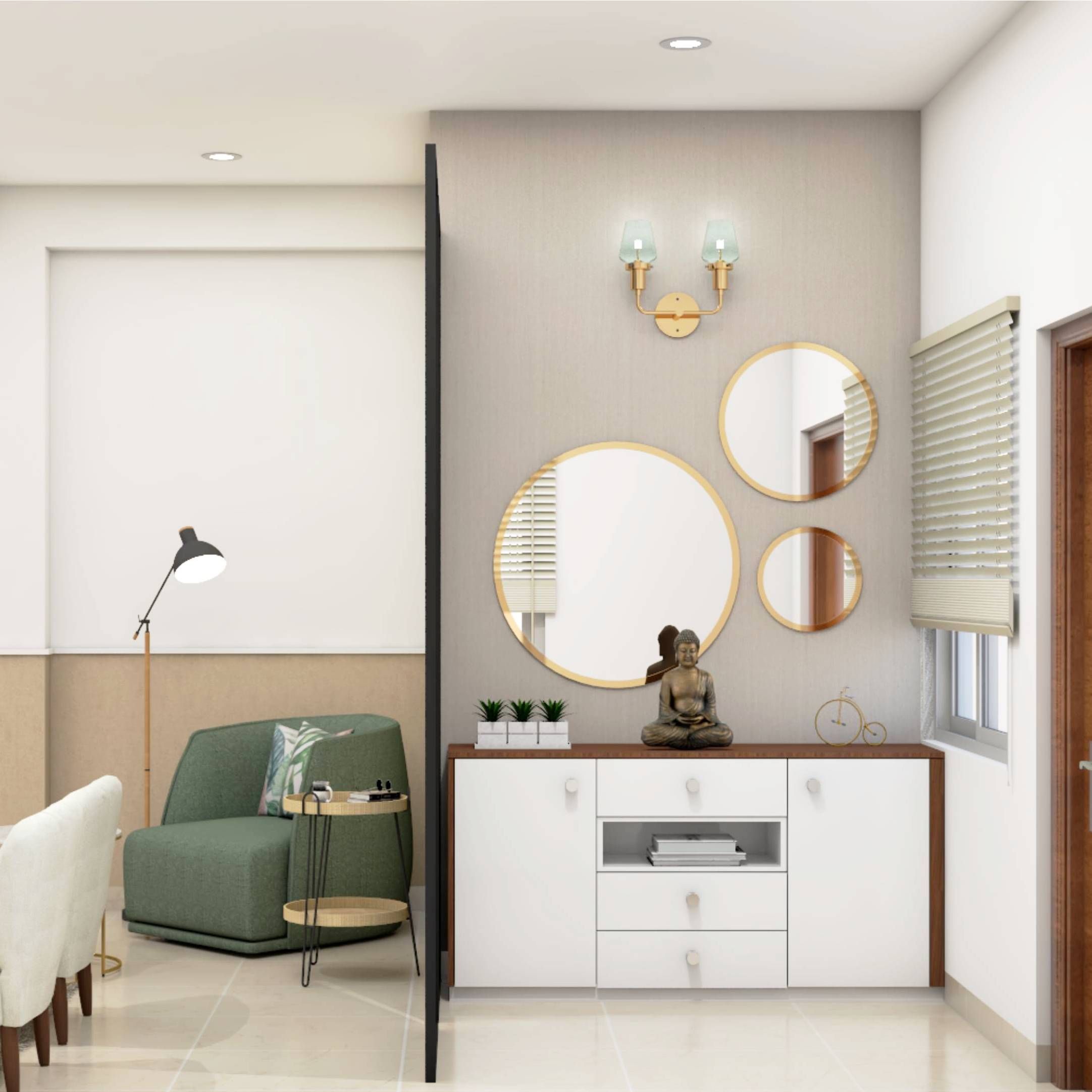 Spacious Foyer Design With 3 Round Mirrors And Wall Lights | Livspace