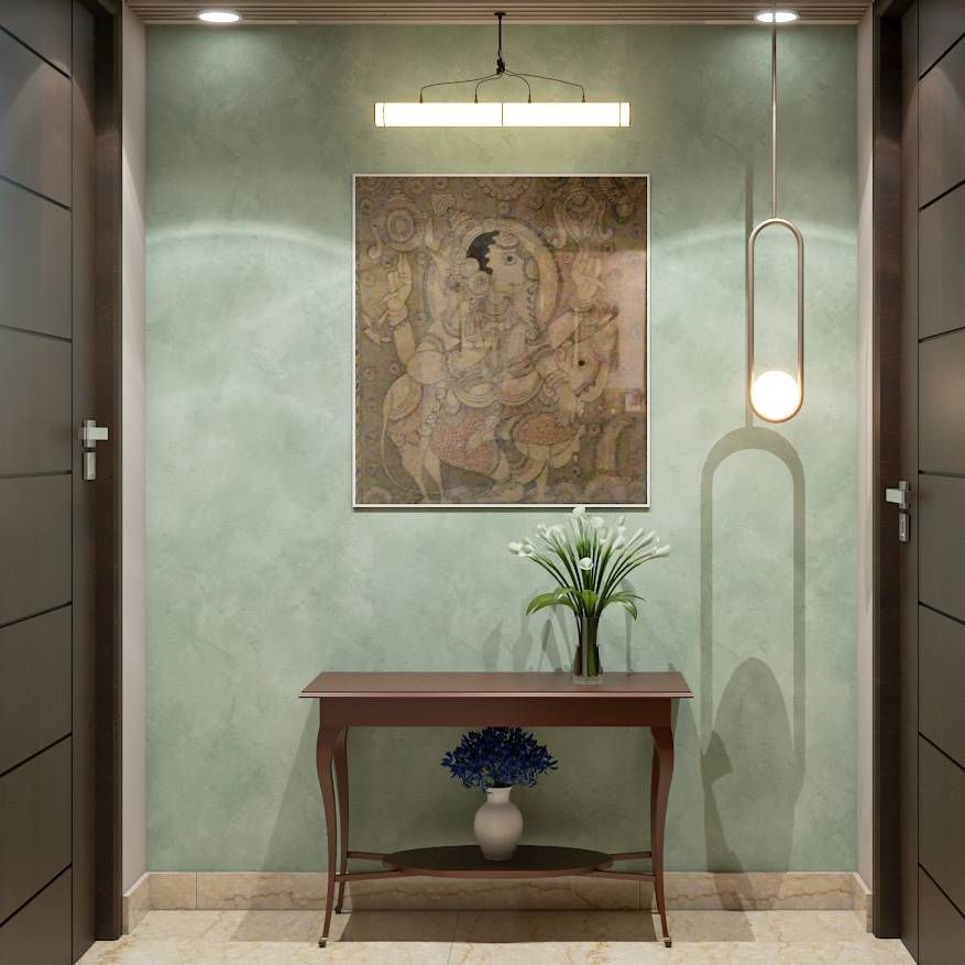 Spacious Foyer Design With A Wall-Mounted Brown Console Table | Livspace