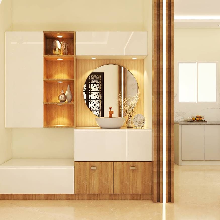 Spacious Foyer Design With Open And Closed Storage Options | Livspace