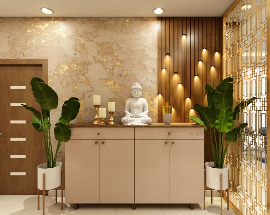 Spacious Foyer Design With Matte Beige Storage Unit | Livspace