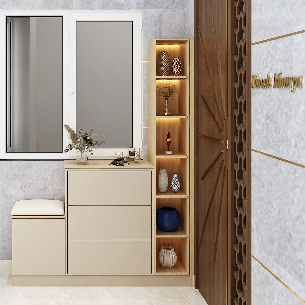 Seating With Storage And Tall Open Shelf Foyer Design | Livspace