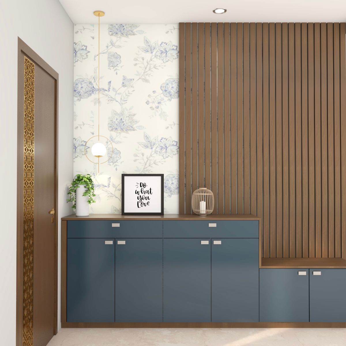 Foyer Design With Wallpaper And Fluted Panels | Livspace