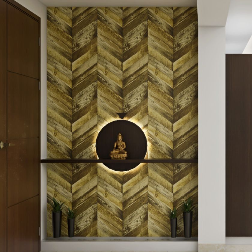 Compact Foyer Design With Warm-Toned Wallpaper With A Textured Finish ...