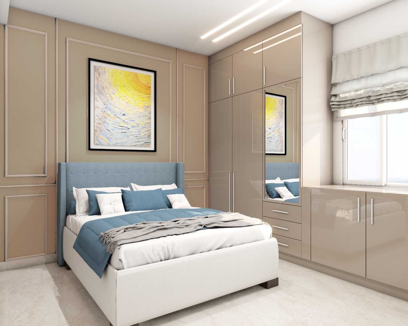 Beautiful Guest Bedroom With Glossy Beige Wardrobe | Livspace