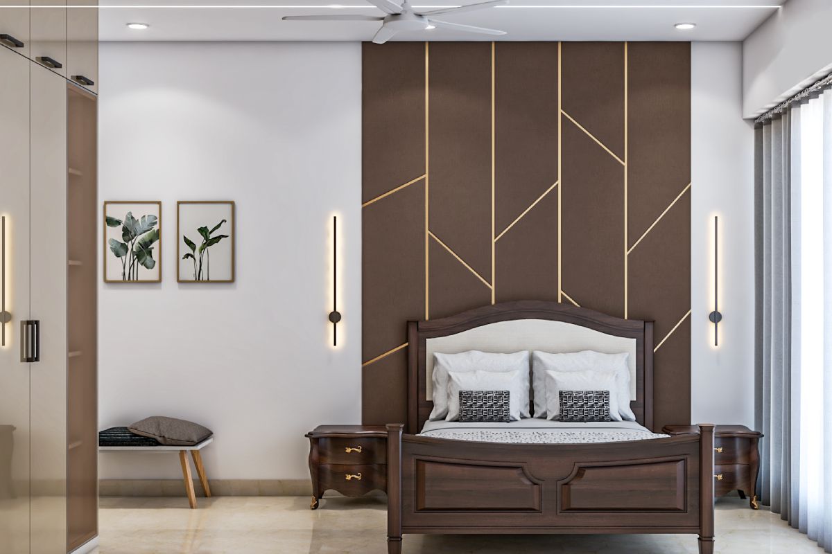 Warm-Toned Guest Bedroom With Golden Inlays | Livspace